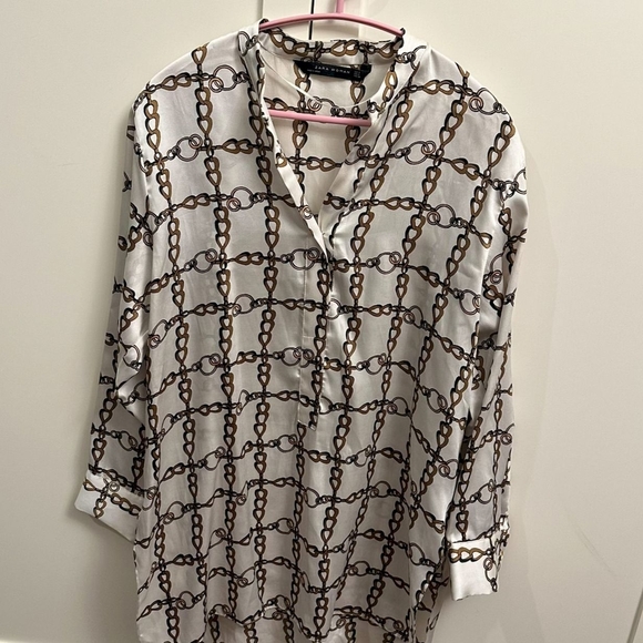 Zara | Tops | Zara Chain Print Button Down Shirt White And Brown | Poshmark